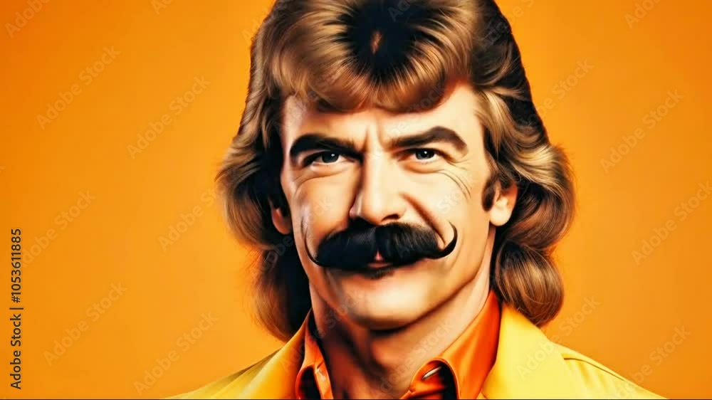 A man from the 70s 80s 90s with a mustache and a mullet hairstyle ...