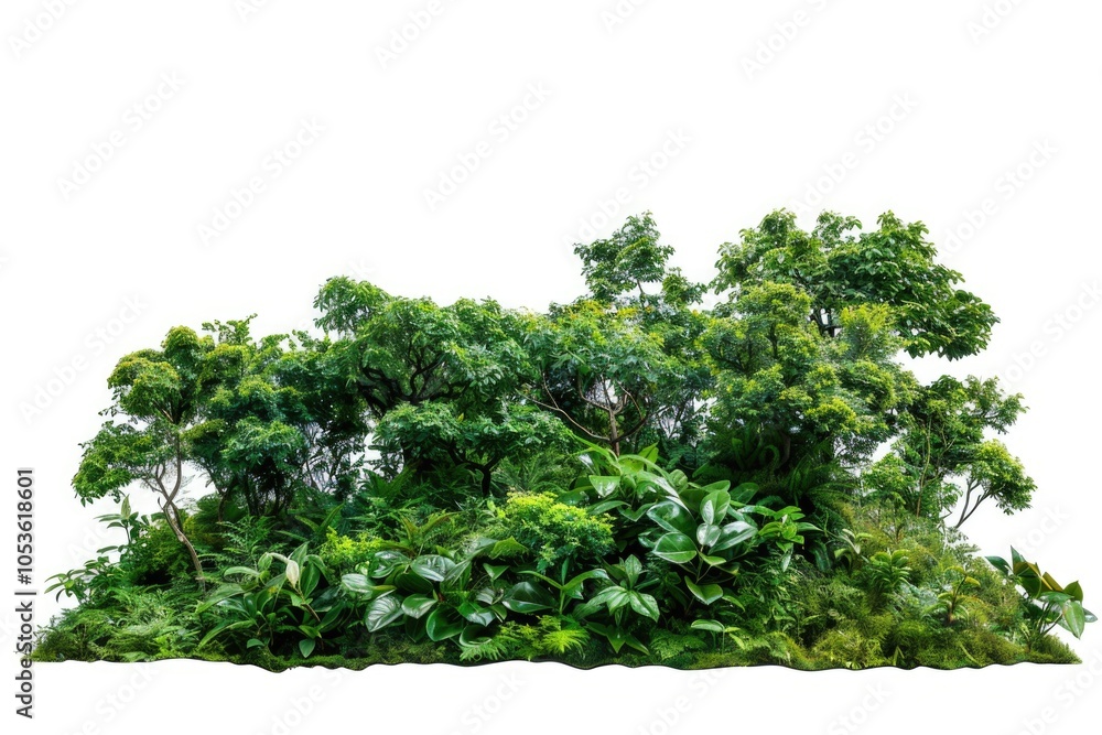A group of trees and bushes against a plain white background, ideal for ...