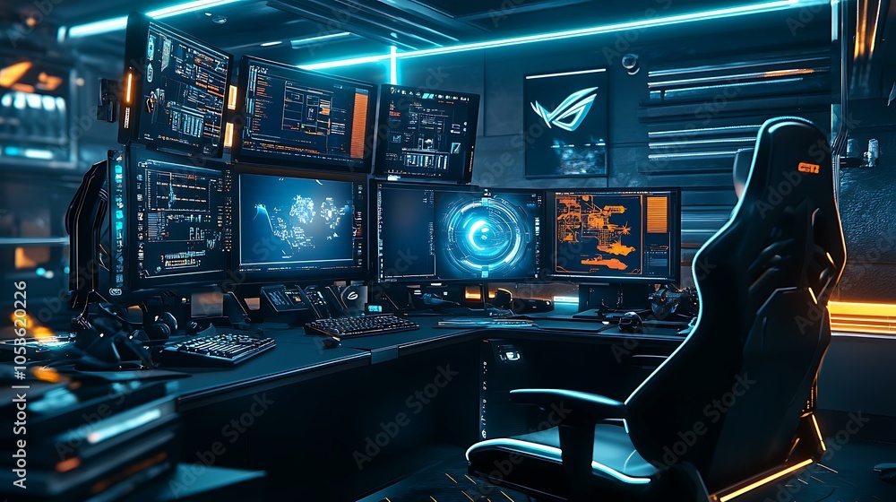 A futuristic gaming setup featuring multiple screens, RGB lights ...