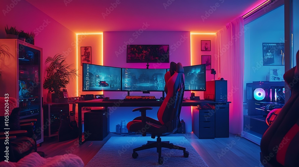 A high-performance gaming station featuring a multi-monitor display ...