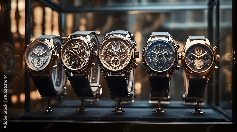 An exquisite watch collection presented in a glass case, illuminated by ...