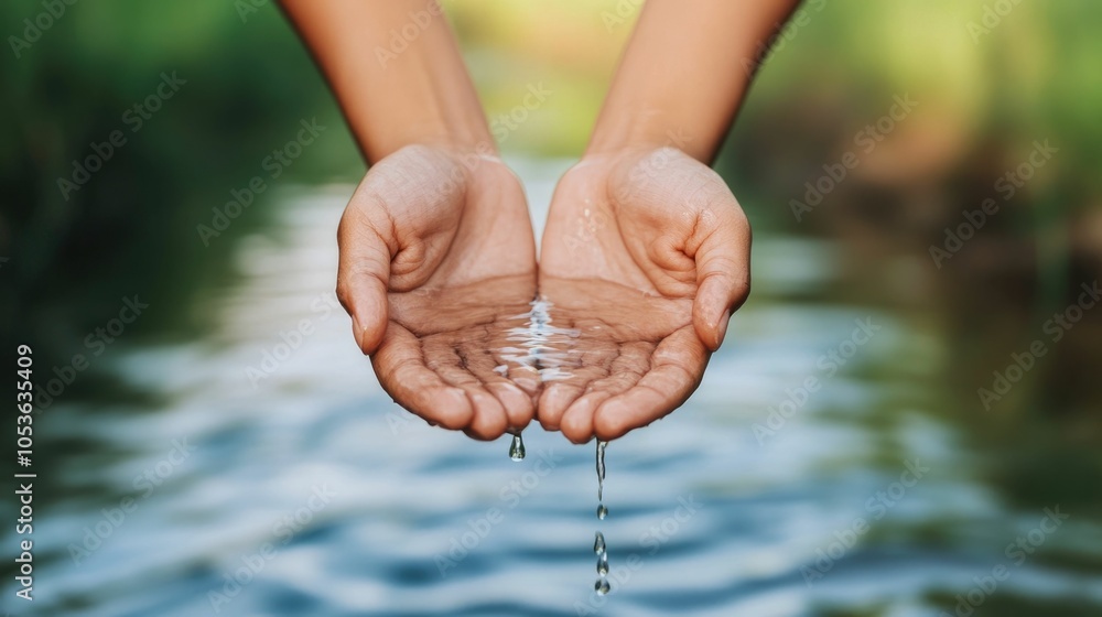 Hands Cupping Freshwater from a Serene Stream Symbolizing the Value and ...