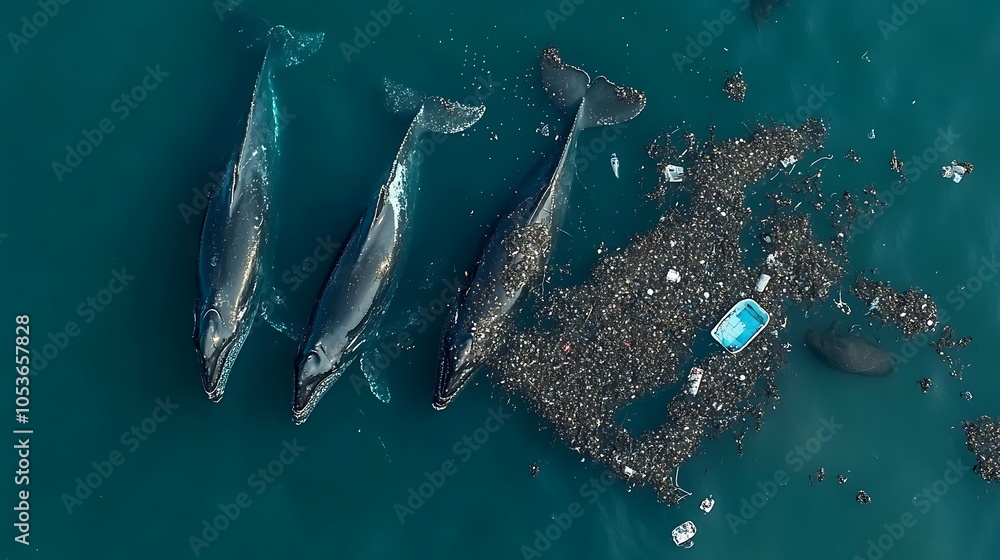 Three whales are swimming in the ocean with a lot of trash floating ...