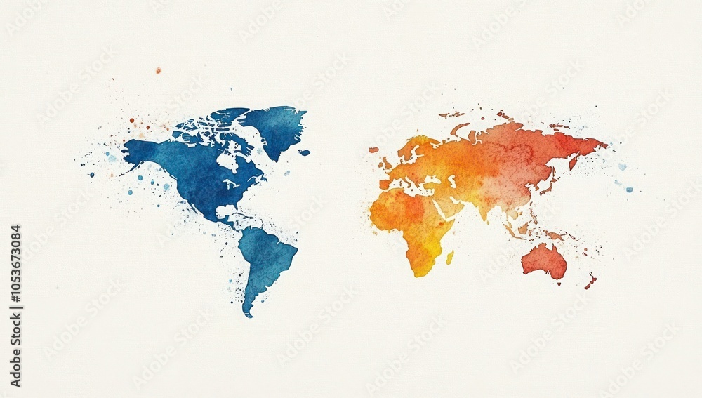 Colorful Watercolor World Maps with Splashes and Droplets on White ...
