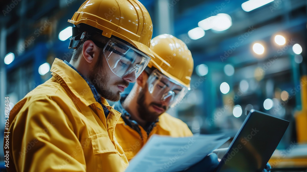 Two construction workers in yellow safety gear are reviewing documents ...