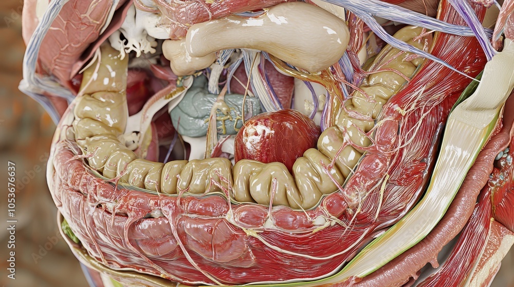 A medical illustration of the human digestive system focusing on the ...
