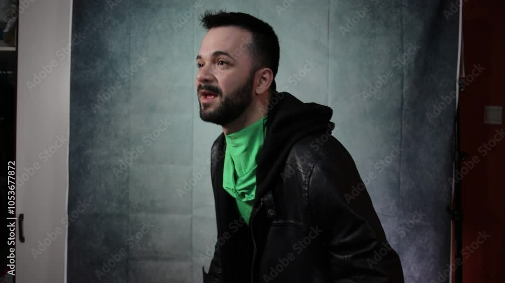 A greenscreen shot featuring a solid green background is set up to ...