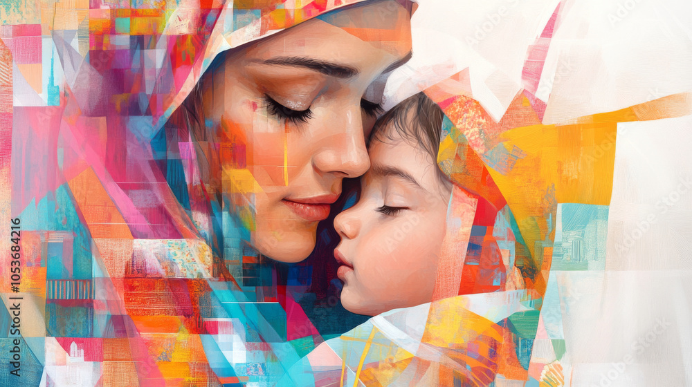 A modern painting of Mary and Jesus, depicted in an urban setting ...