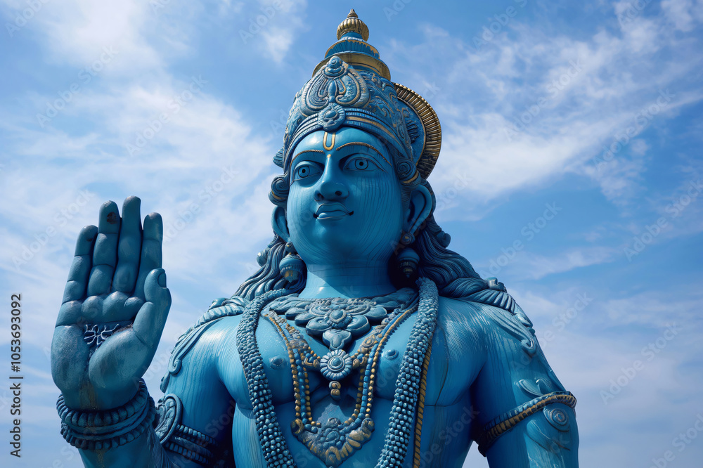 Giant blue statue of varuna, the hindu god of water and the celestial ...