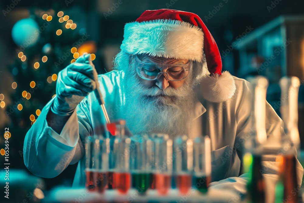 Santa claus wearing a lab coat and protective glasses using a pipette ...