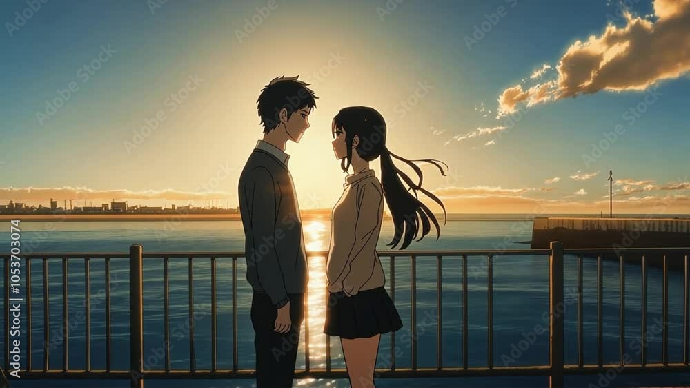 An anime a young couple shares a tender embrace on a pier as the sun ...