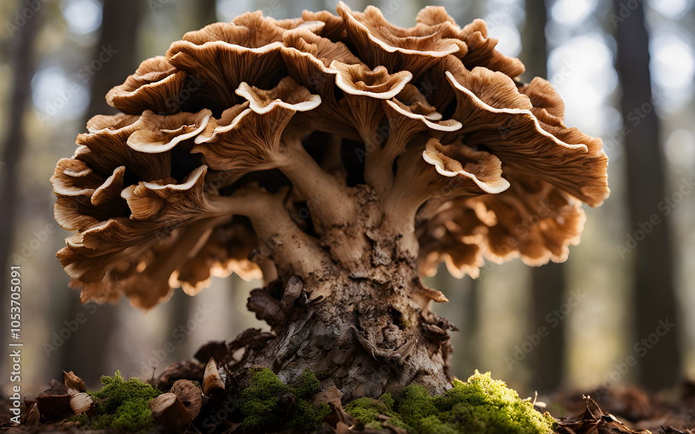 Detailed look at hen of the woods mushroom, layered brown clusters ...