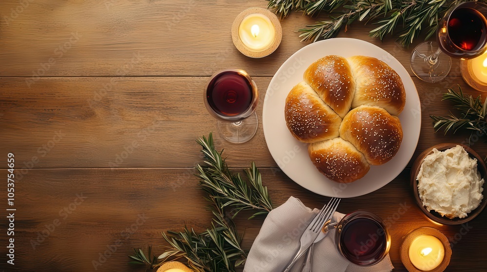 Beautifully set table for Hanukkah, featuring challah bread and wine ...