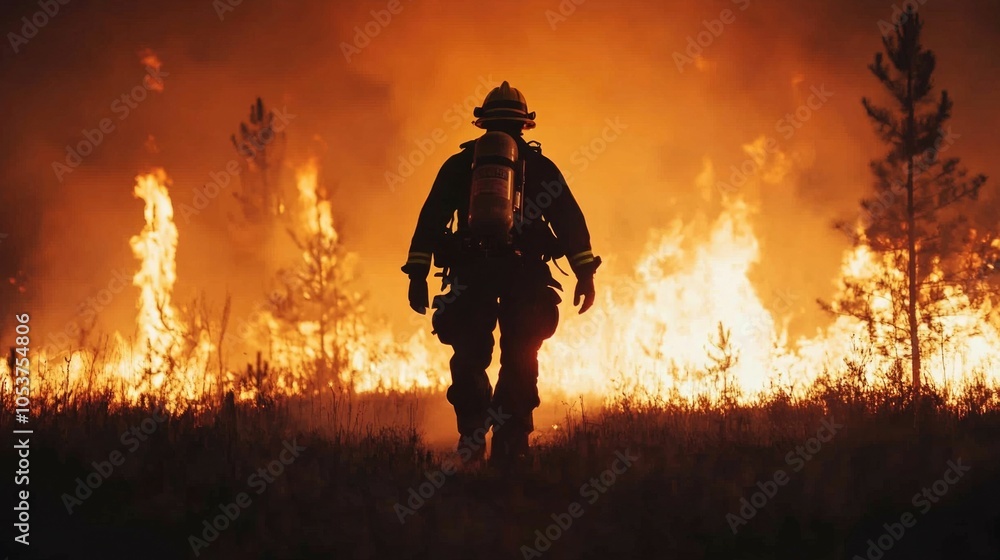 Courageous firefighter fights to control a raging forest fire surrounded by towering flames and ...