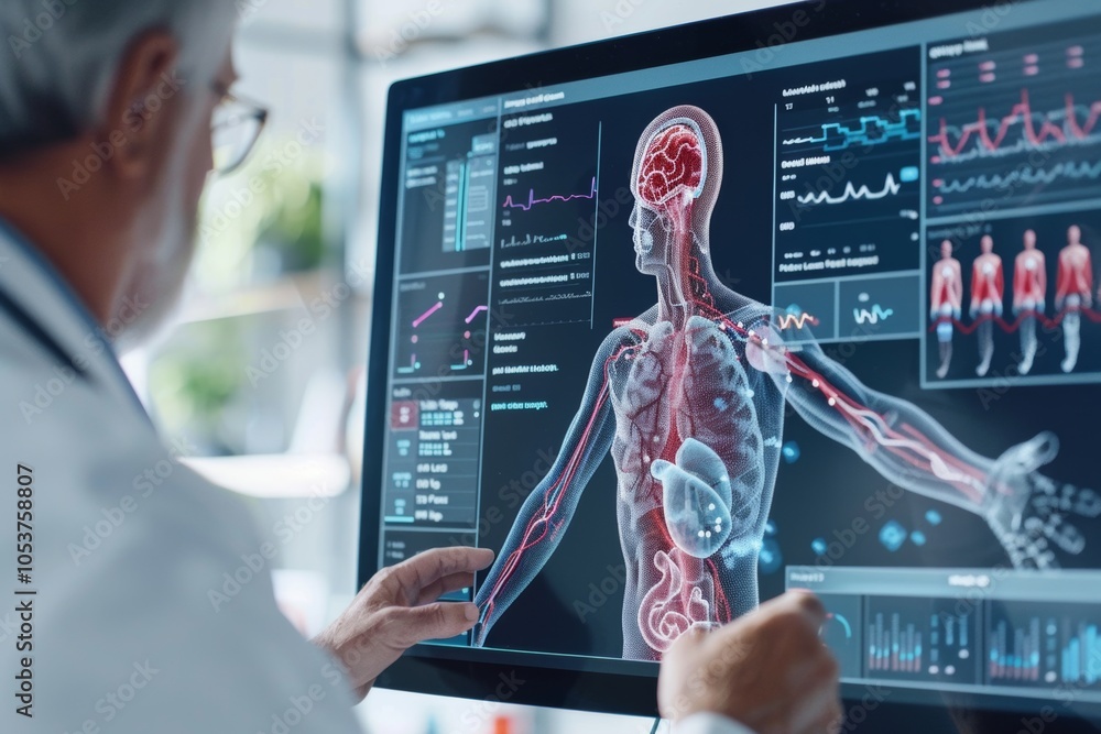 Doctor analyzing digital 3d human body model on touchscreen display in ...