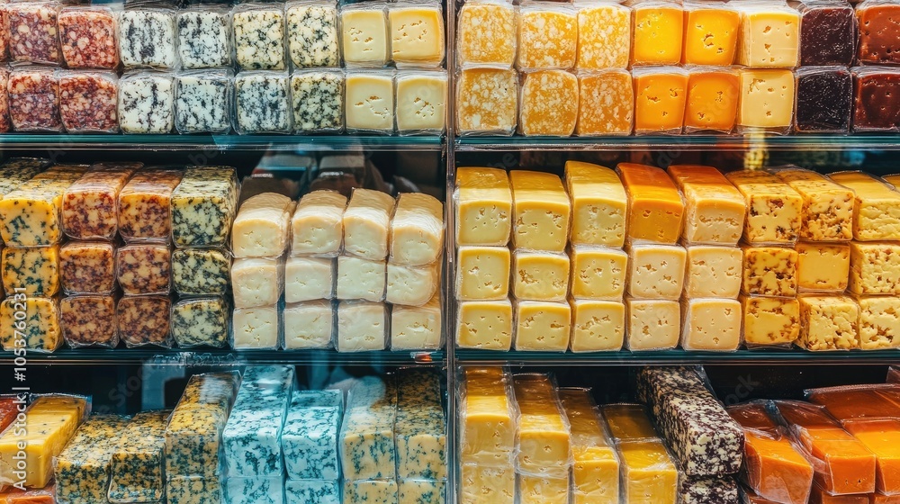 Various cheese blocks and wedges displayed on shelves, offering diverse ...