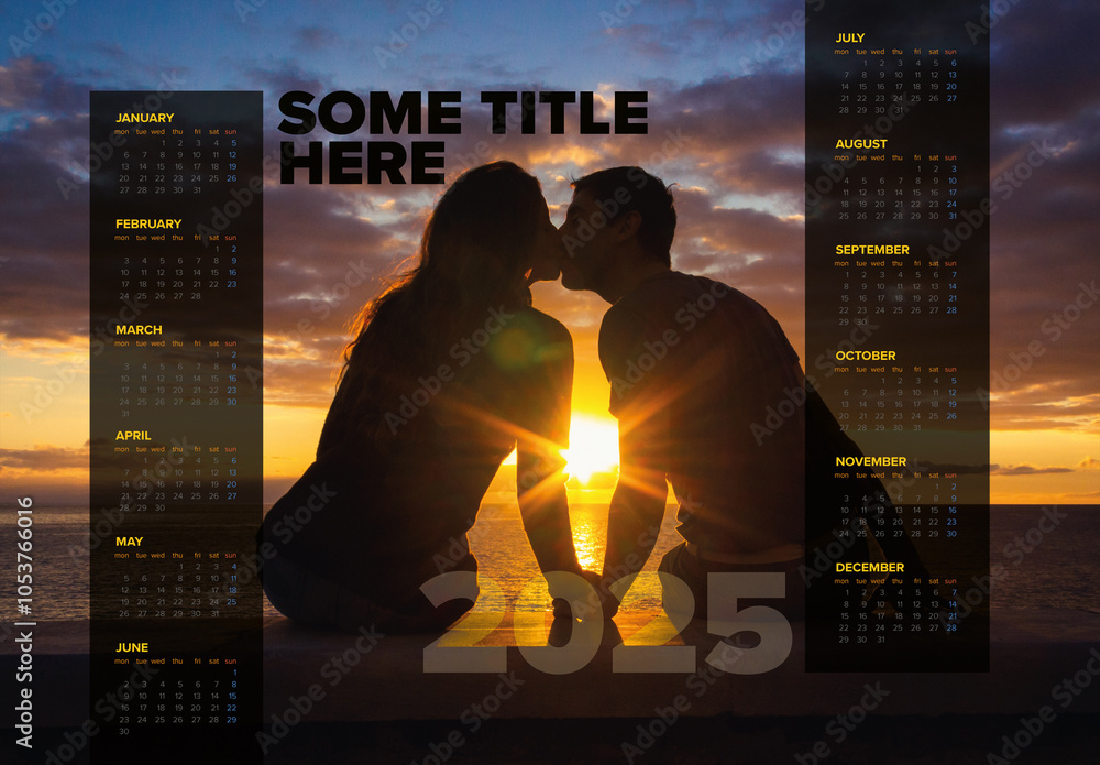 Dark horizontal calendar template for the year 2025 with big sunset ...
