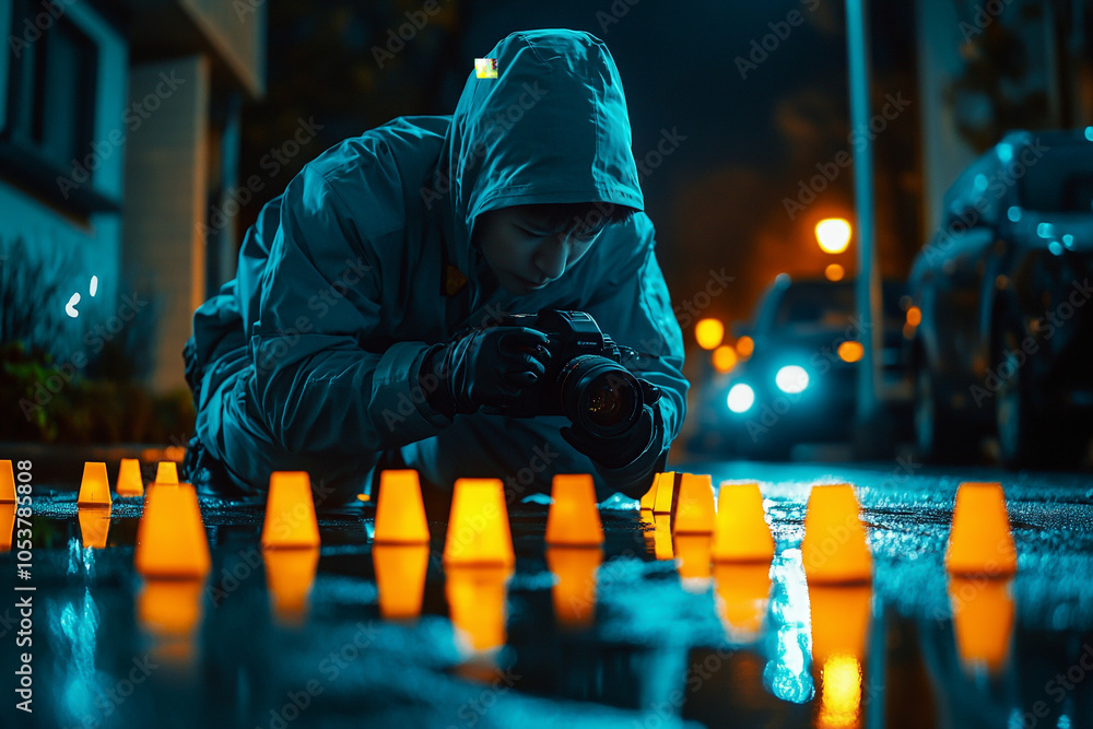 Forensic investigators collecting evidence at night crime scene ...