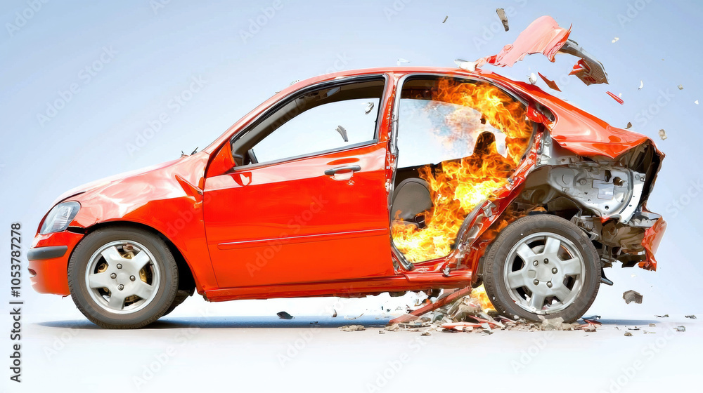red car is depicted with explosion effect, showcasing flames and debris ...