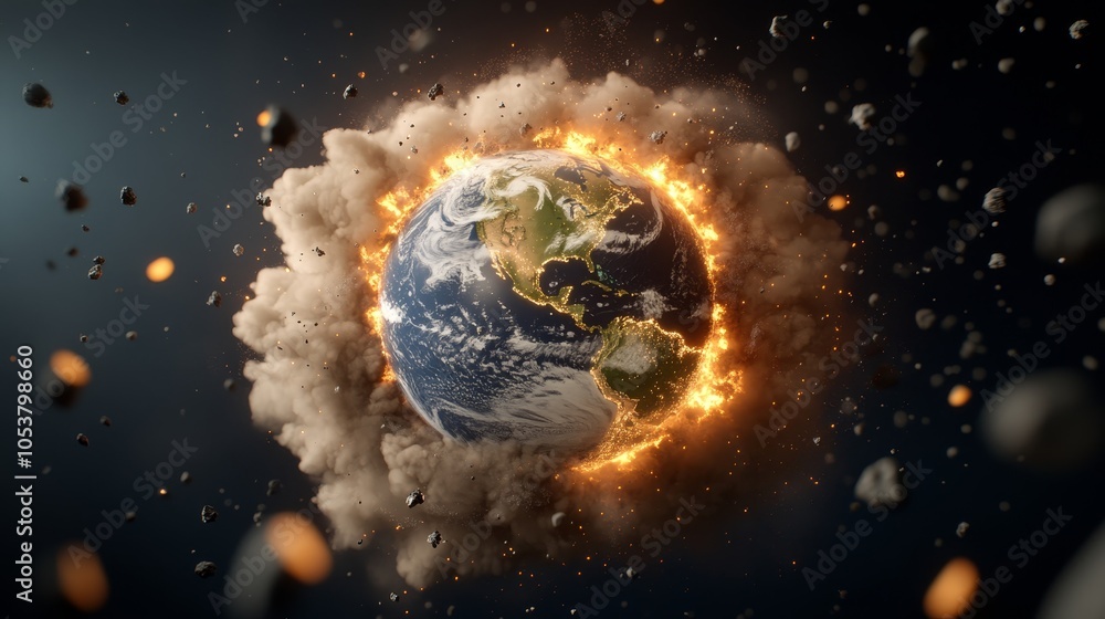 A globe representing Earth surrounded by falling meteors, fiery impact ...