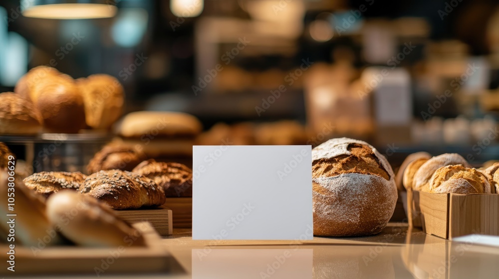 Minimalist blank paper mockup on a blurred bakery counter featuring ...
