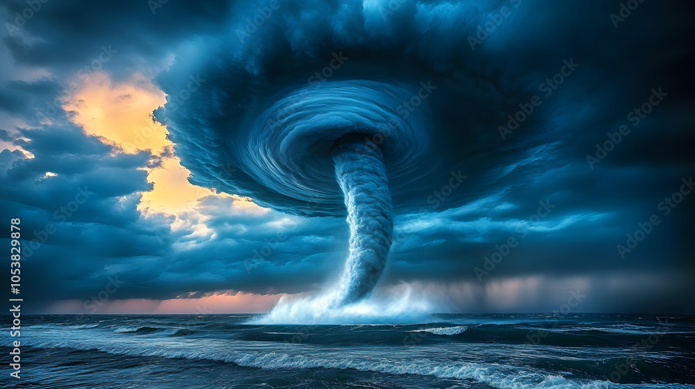 The impending whirlwind of a water tornado. The dramatic sky above the ...