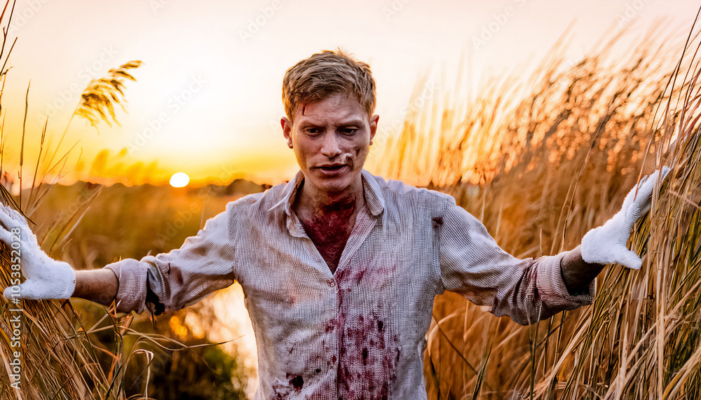 Zombie apocalypse. Angry bloody zombie man pushes aside reeds with his ...
