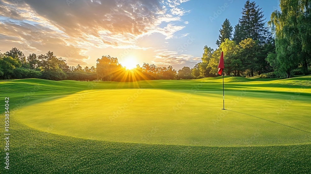 Beautiful golf course with green fairway and flag on the side, golden ...