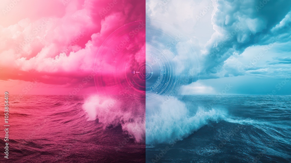 Dramatic split sky with fiery orange and pink clouds on one side and ...