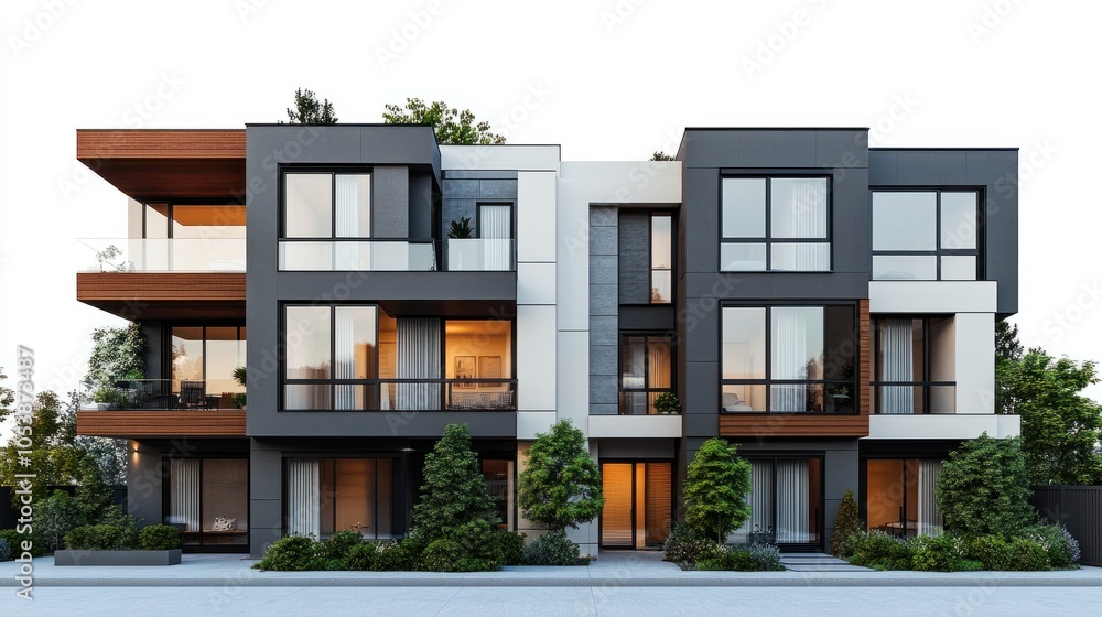 chic townhouse with a modern facade and outdoor terrace, isolated on a ...