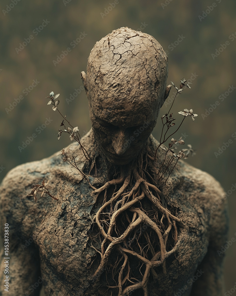 Earthy human figure with roots and dried branches symbolizing ...