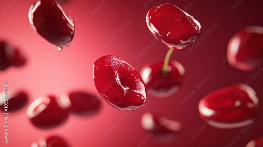 bright red cherry slices hovering in the air, showcasing their vibrant ...