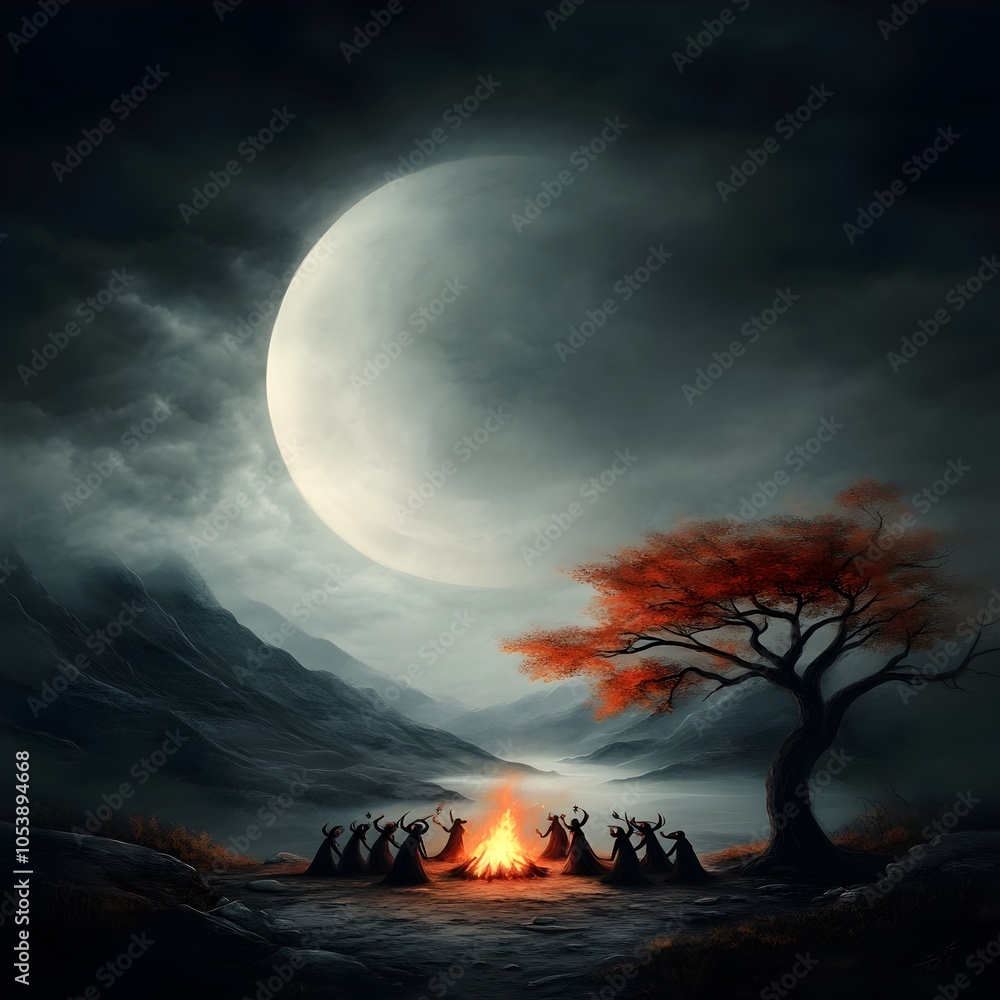 Mystical coven of witches gathering around a crackling fire in a ...