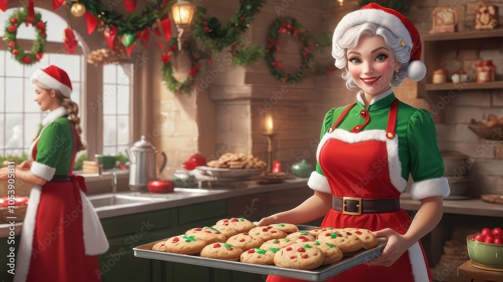 Cozy Christmas kitchen scene with freshly baked cookies, warm fireplace ...