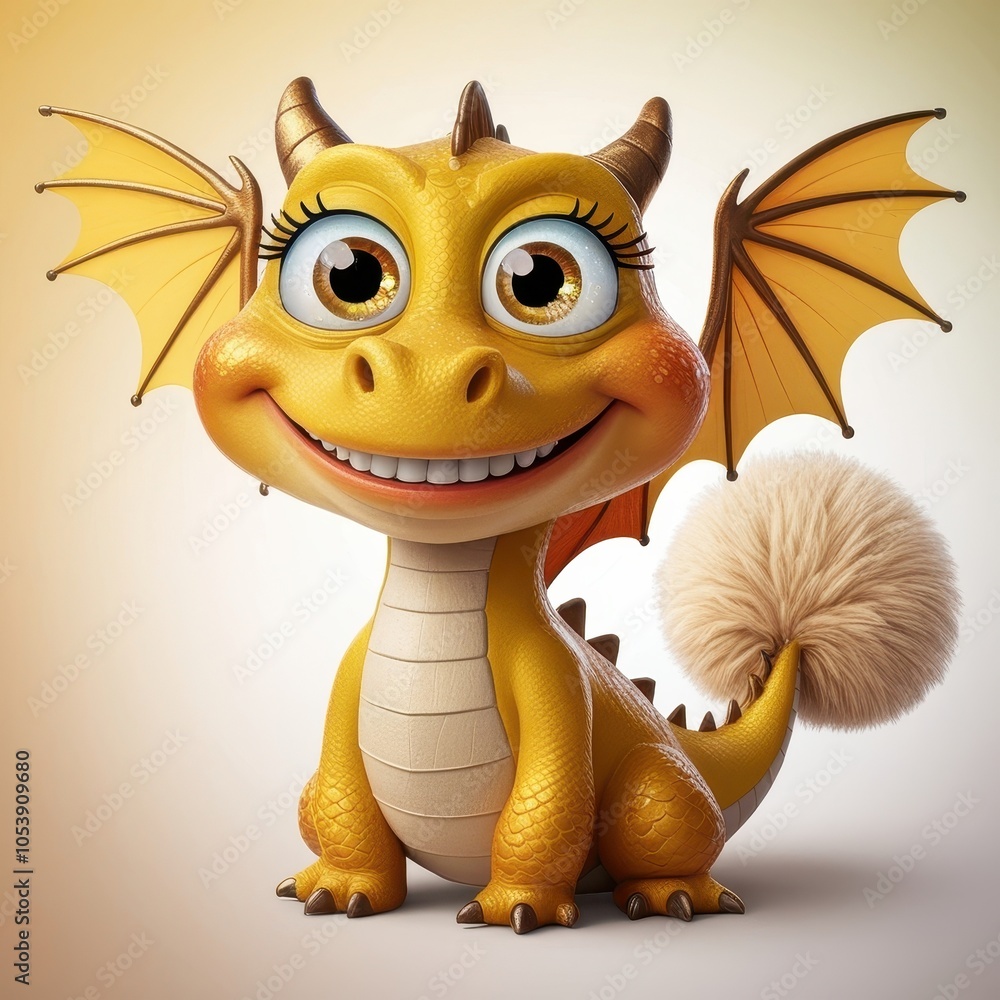 Cute yellow cartoon dragon character with big eyes and friendly smile ...