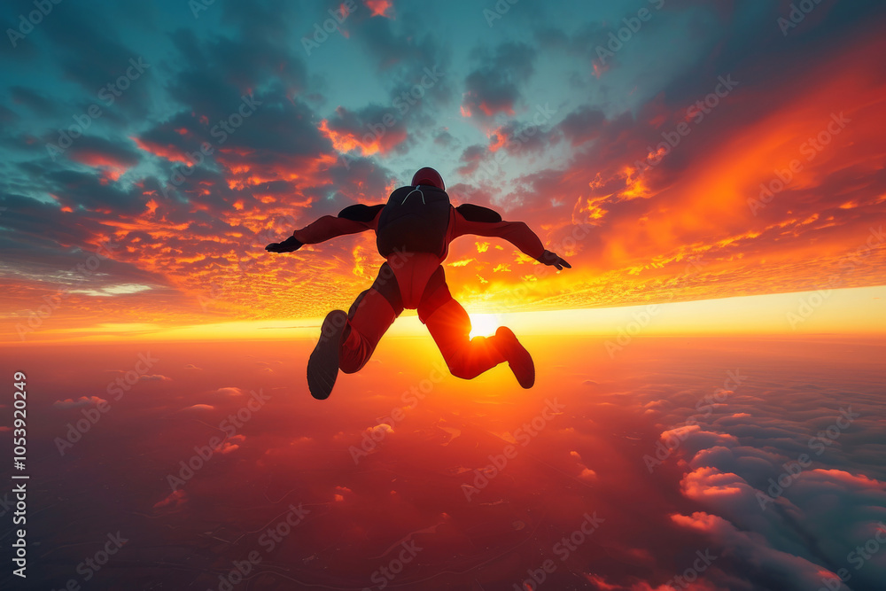 Skydiver in freefall against backdrop of fiery sunset, capturing thrill ...