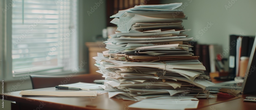 A cluttered office desk, overloaded with documents and papers under ...