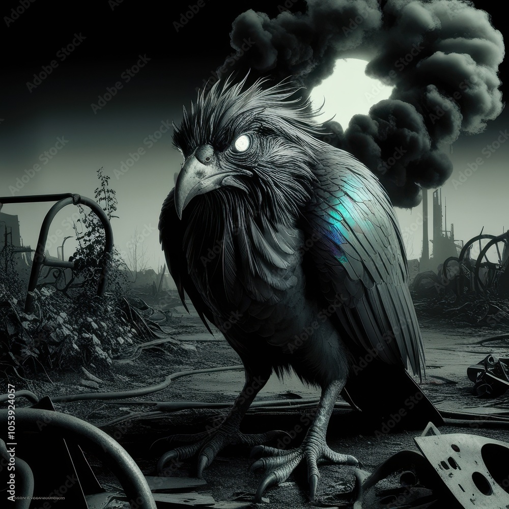 Apocalyptic raven: A haunting scene of a black bird with glowing eyes ...