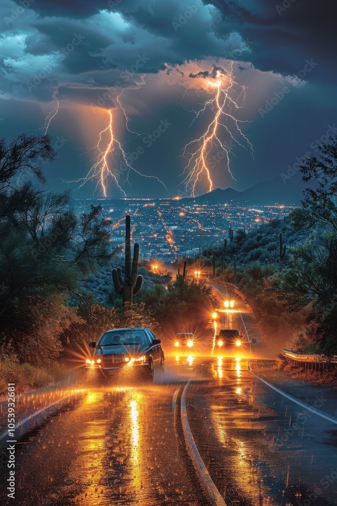 Lightning storm captured over a cityscape, with multiple bolts of ...