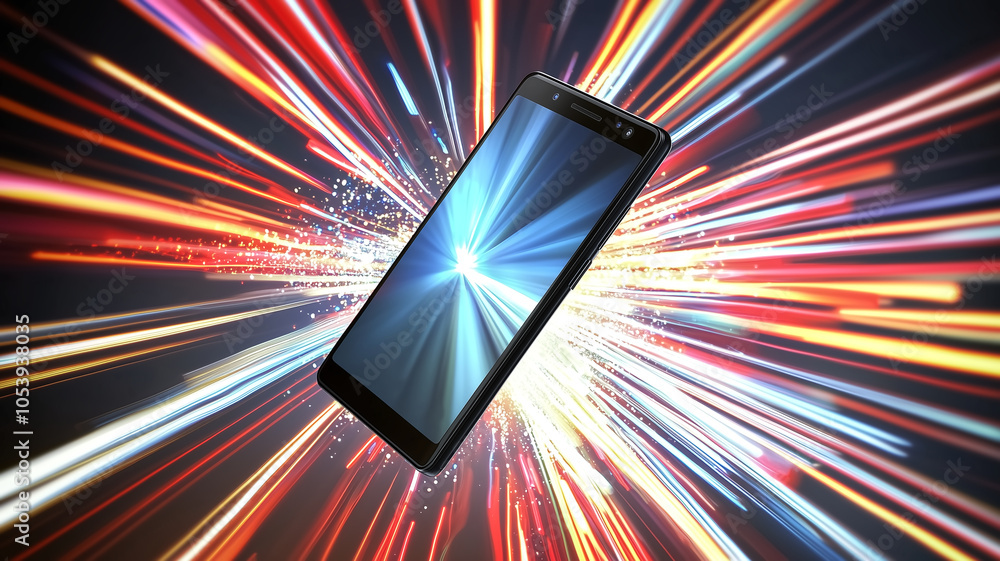 modern smartphone is depicted against vibrant burst of light ...