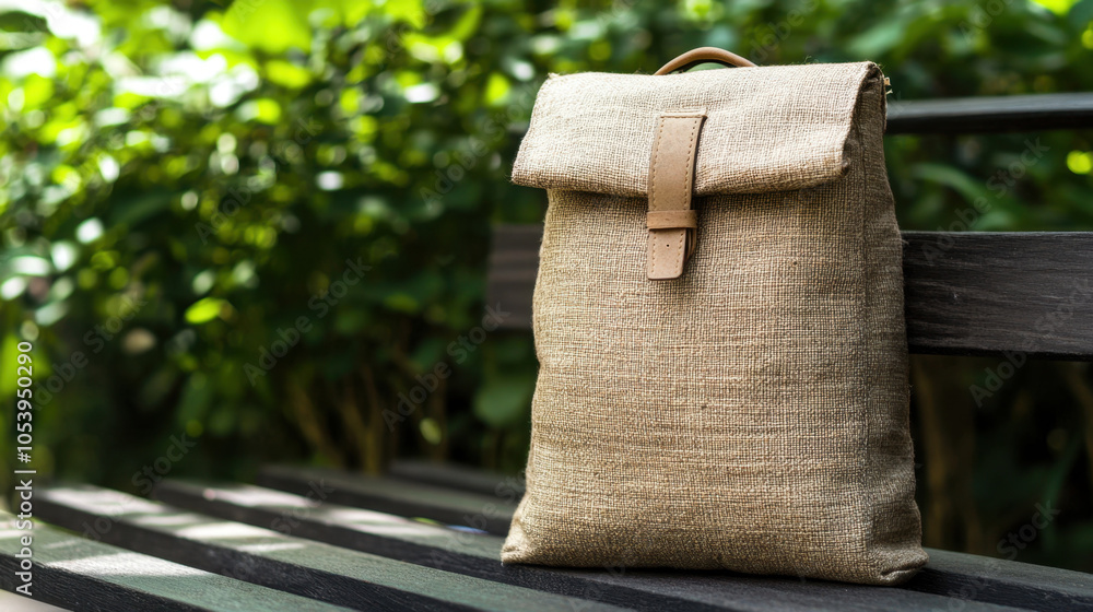 Eco-friendly jute backpack on park bench amidst lush greenery for ...