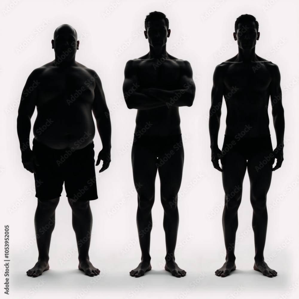 Digital artwork showcasing three male physiques with varying levels of ...