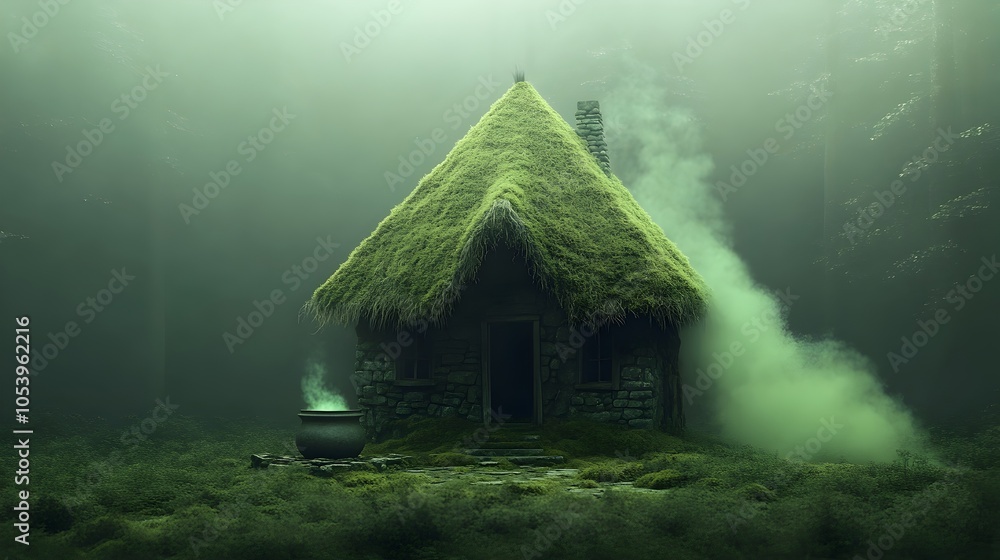 Dilapidated witch s cottage deep in the dense overgrown forest clearing ...