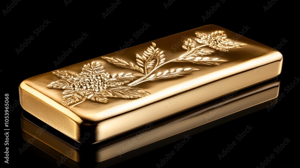 Gleaming gold bar with intricate floral design, a symbol of luxury and ...