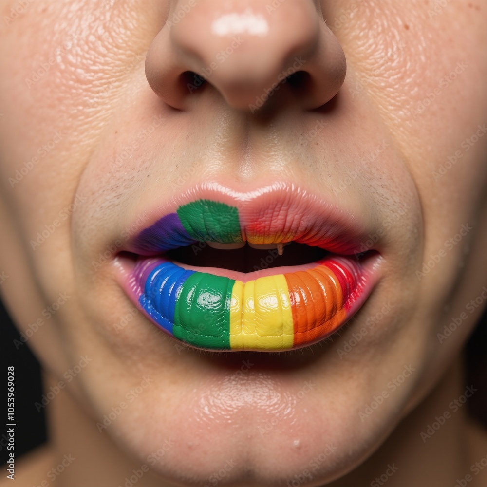 Mens lip art with colorful pride-themed design close-up portrait ...