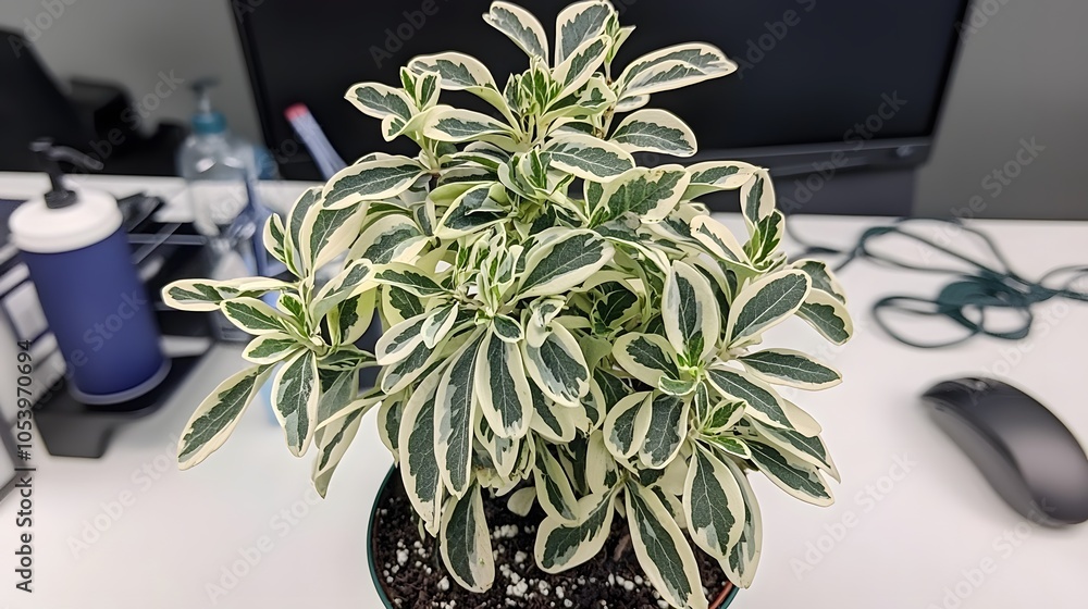 Desk Plant Drama: Generation Z. A wilting office plant on a cluttered ...