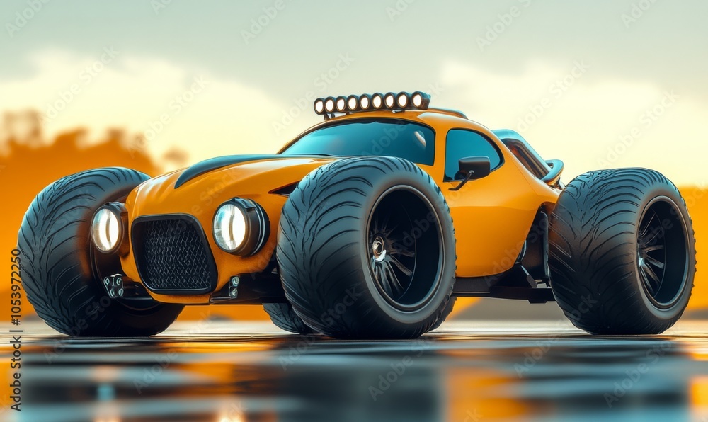 3D cartoon car with big wheels and exaggerated headlights, bright and ...