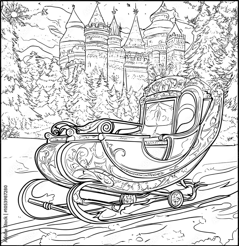 Ornate Winter Sleigh in a Snowy Forest Scene - Black and White Coloring ...