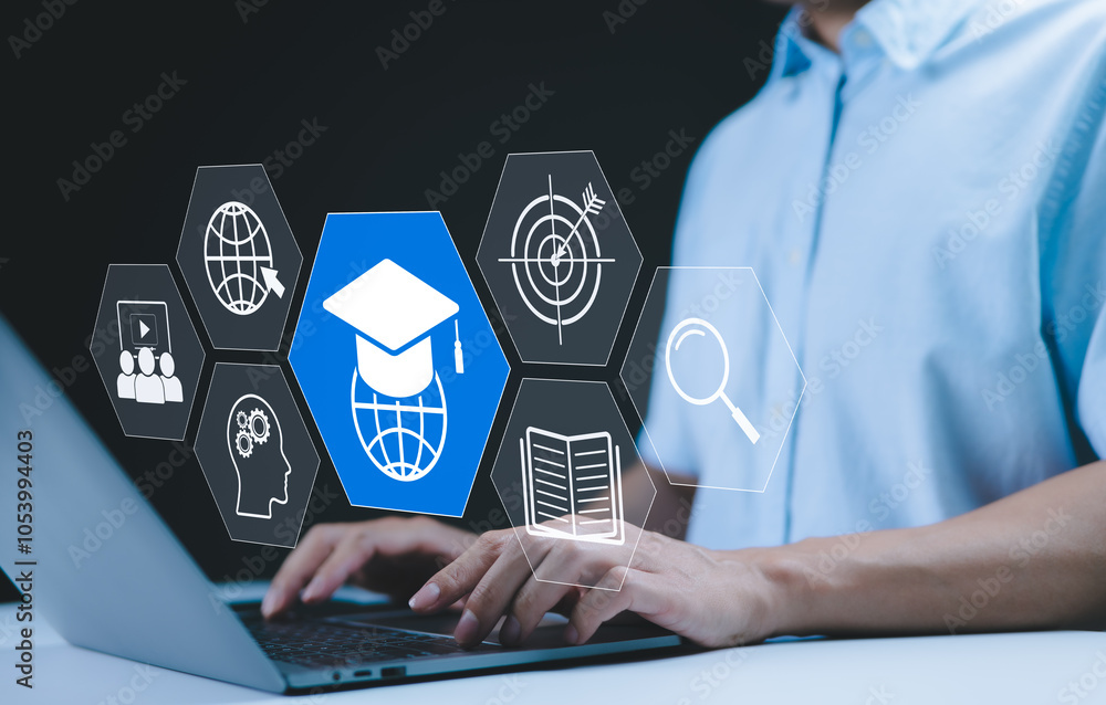 E-learning and online education technology concepts. digital interface ...