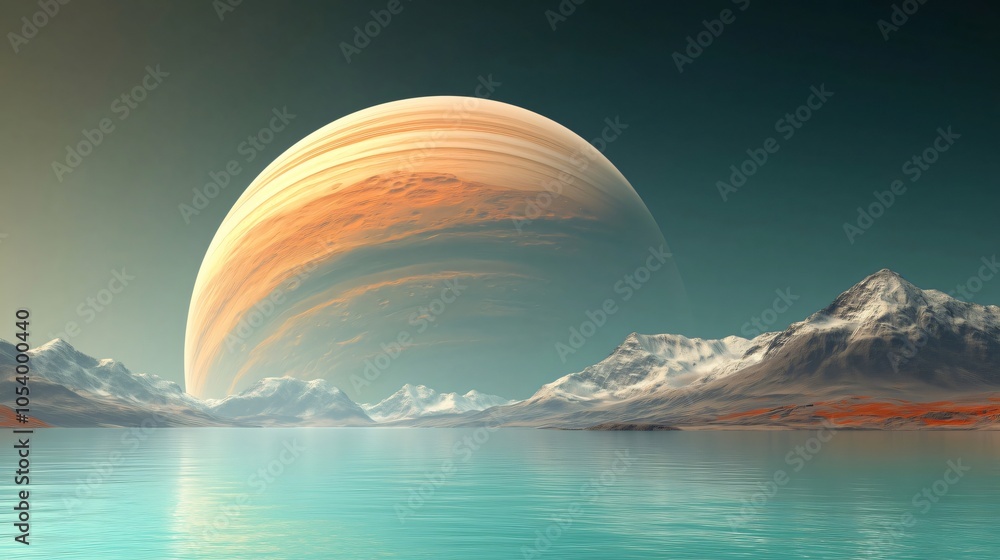 Giant, jupiter like planet dominates the sky above a serene turquoise ...